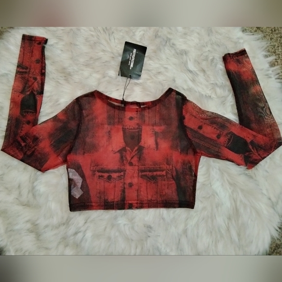 PrettyLittleThing | Tops | Plt Red Jean Printed Mesh Long Sleeve Crop ...